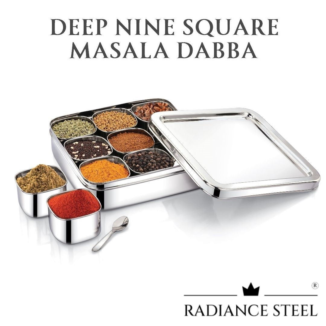 Stainless Steel Deep Square Masala Dabba | Spice Box with 9 Square ...