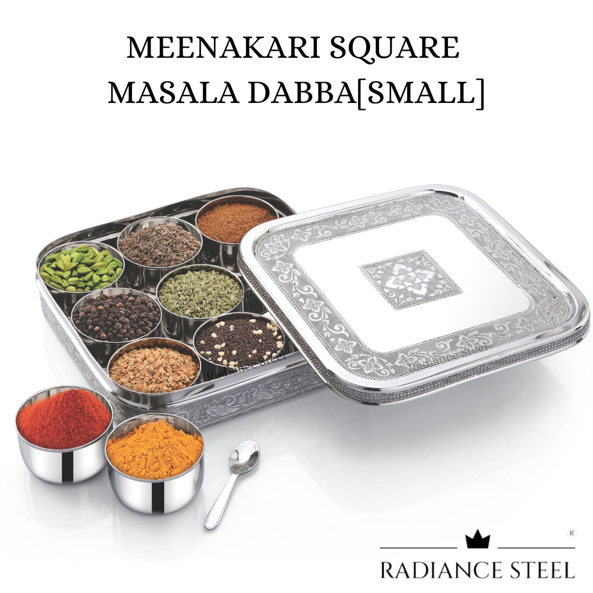 Meenakari Stainless Steel Square Masala Dabba | Spice Box With 9 Inner ...