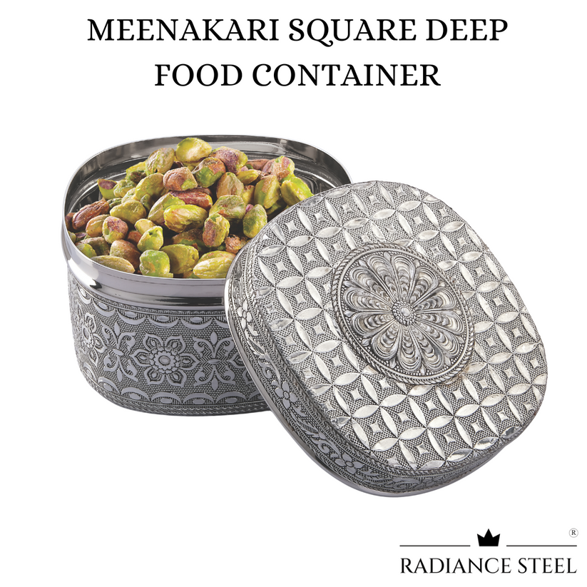 Meenakari Stainless Steel Square Deep Storage Container With Round Edg ...